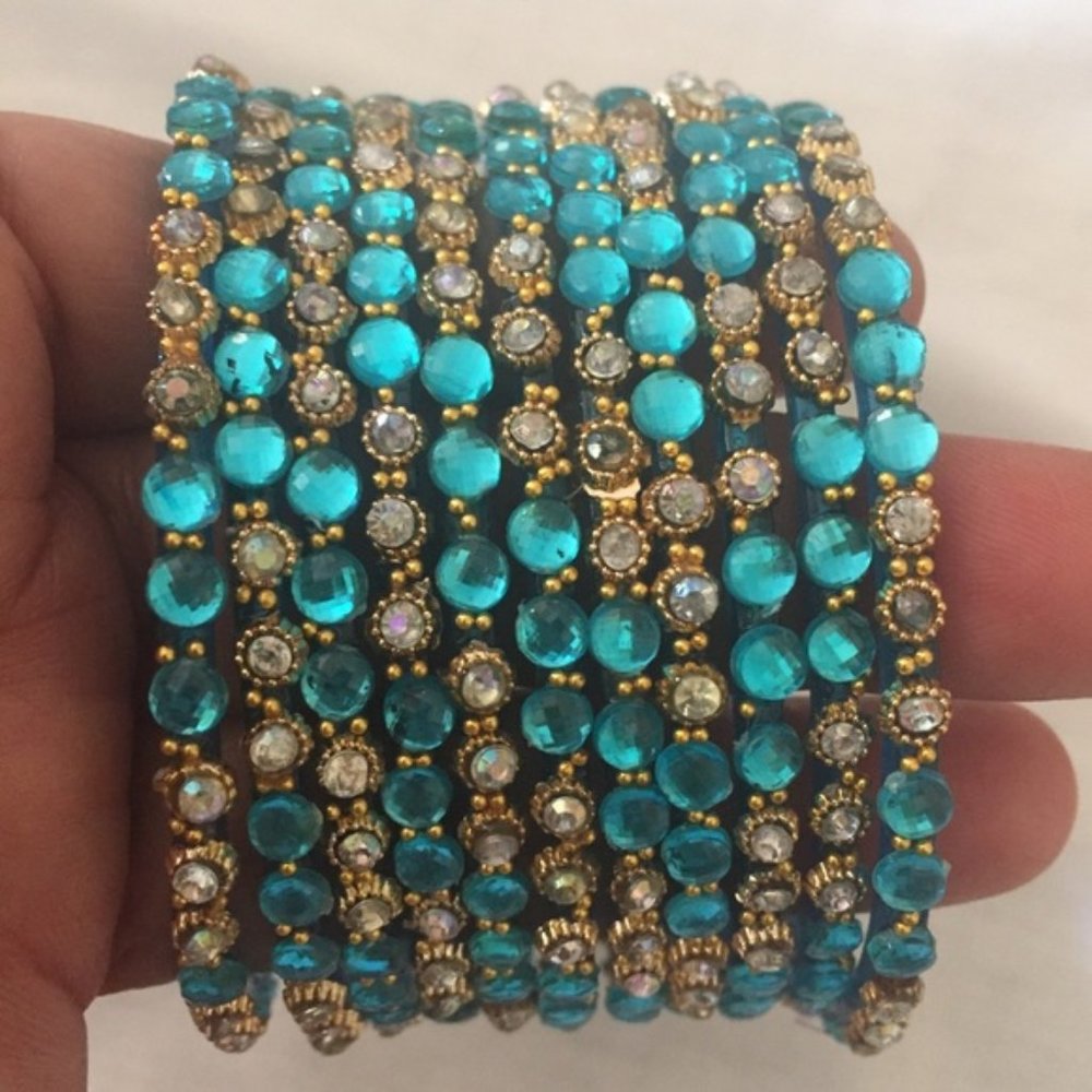 Glass Bangles, Turquoise & Gold Embellishments - Gem